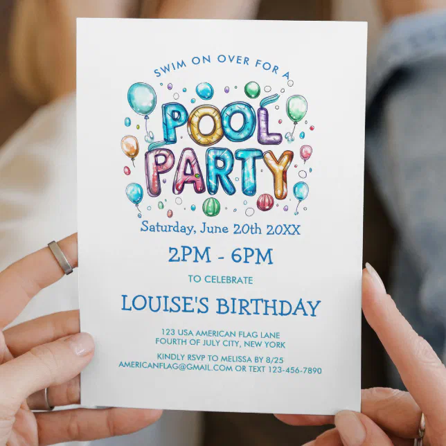 Vibrant Letters and Balloons Pool Party Invitation | Zazzle