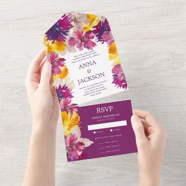 VIbrant Magenta Purple Yellow Floral Wedding All In One Invitation | Zazzle