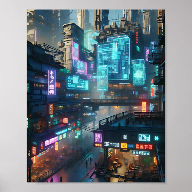 Vibrant Neon Cyberpunk Street Scene Poster | Zazzle