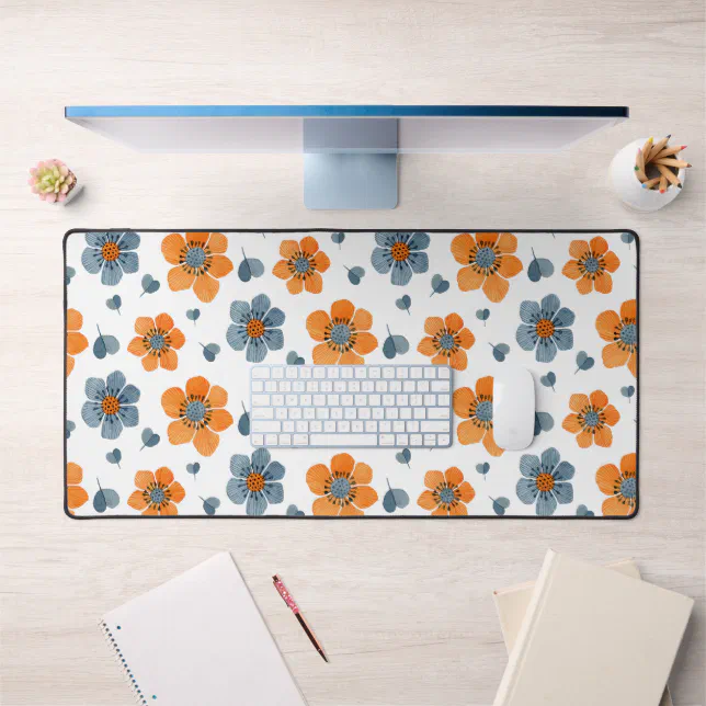 Vibrant Orange Blue Floral Pattern Desk Mat | Zazzle
