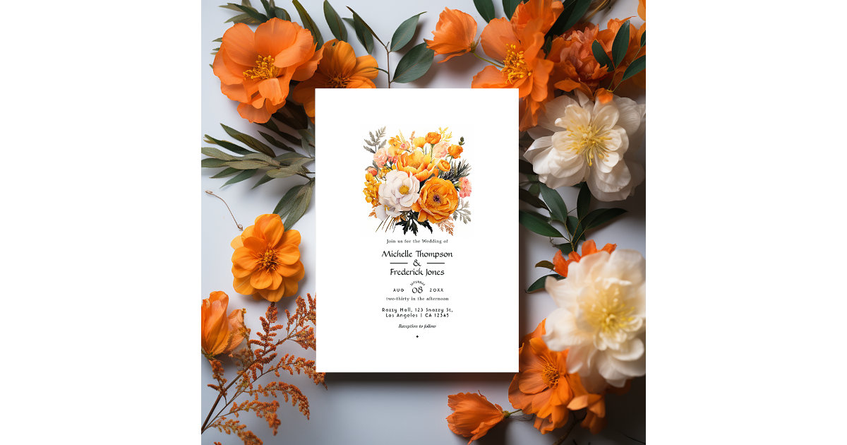 Vibrant Orange Floral Wedding Invitation | Zazzle