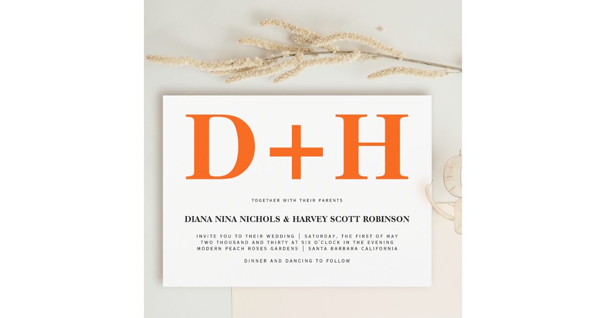 Vibrant orange initials bold typography wedding invitation | Zazzle