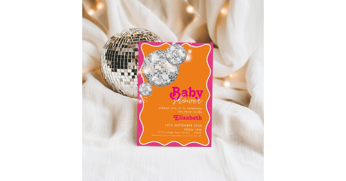 Vibrant Orange Pink Disco Ball Baby Shower Design Invitation | Zazzle