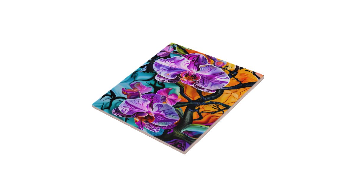 Vibrant Orchids Against a Colorful Background Ceramic Tile | Zazzle