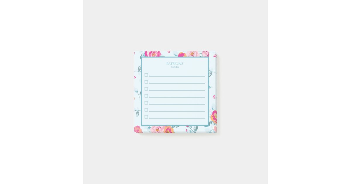 Vibrant Pink Floral On Mint Custom Name To Do List Post-it Notes | Zazzle