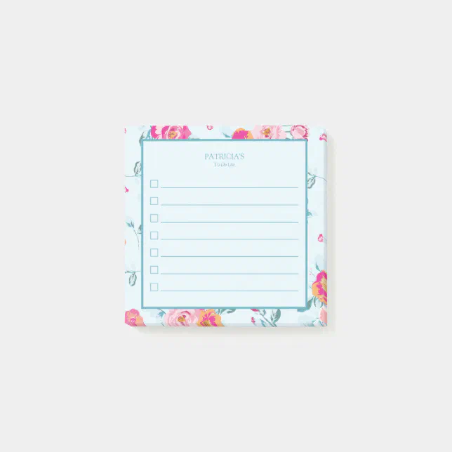 Vibrant Pink Floral On Mint Custom Name To Do List Post-it Notes | Zazzle