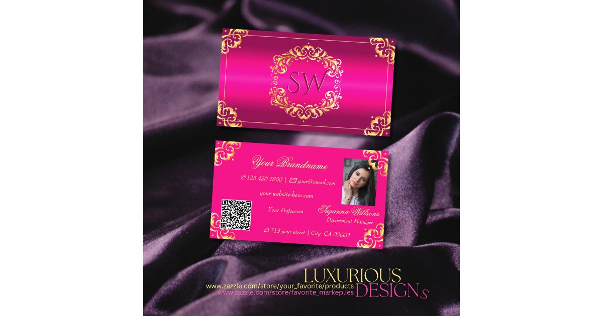 Vibrant Pink Gold Ornate Monogram Photo QR Code Business Card | Zazzle