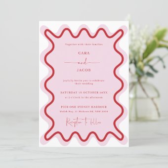 Vibrant Pink Red Wavy Border Wedding Invitation | Zazzle