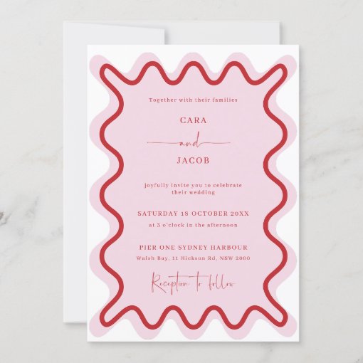 Vibrant Pink Red Wavy Border Wedding Invitation | Zazzle