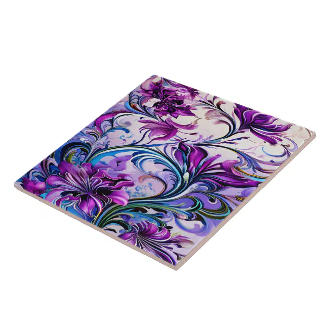 Vibrant Purple Floral Design on Elegant Background Ceramic Tile | Zazzle