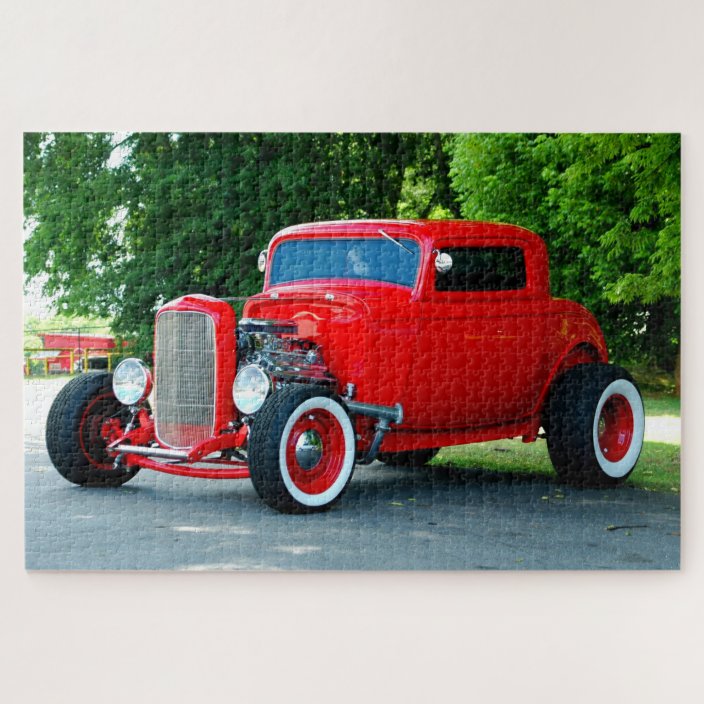 Vibrant Red Hot-Rod car Jigsaw Puzzle | Zazzle.com
