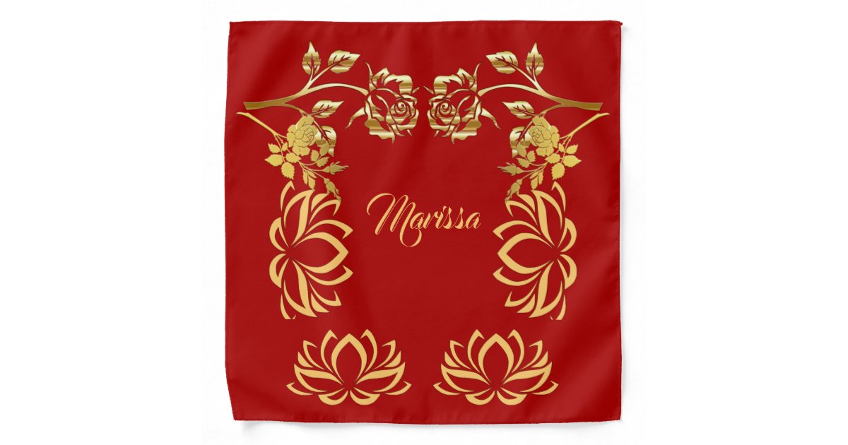 Vibrant Red Rustic Roses Lotus Gold Faux Elegant Bandana | Zazzle