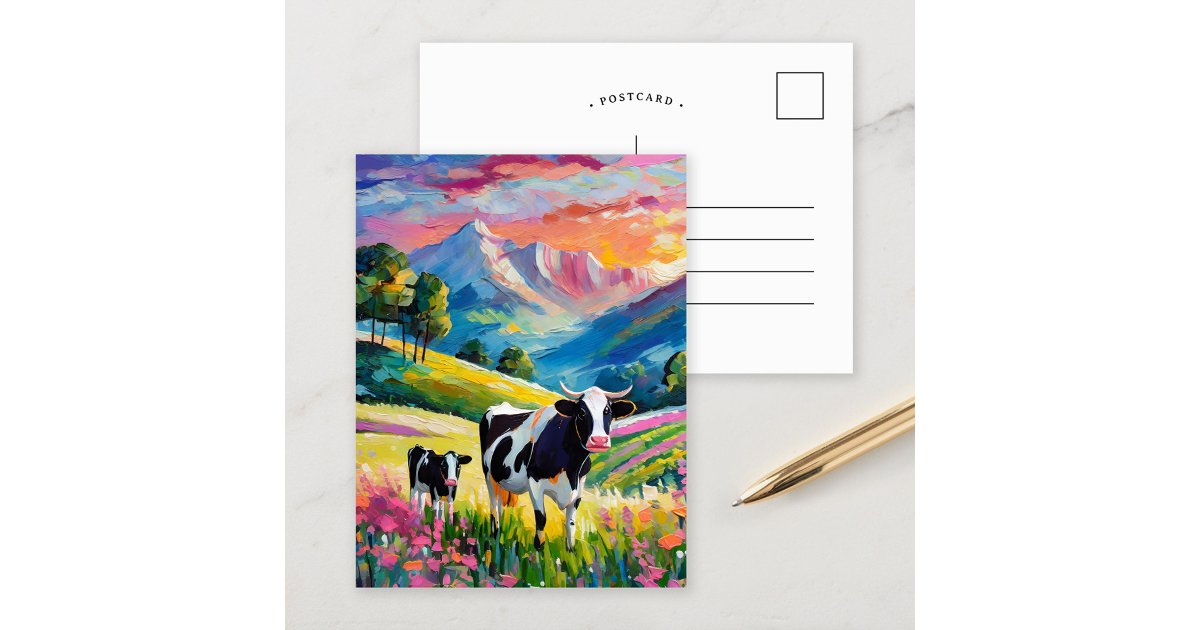 Vibrant Rural Landscape with Cows Postcard | Zazzle