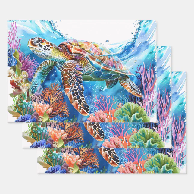 Vibrant Watercolor Sea Turtle Decoupage Wrapping Paper Sheets | Zazzle