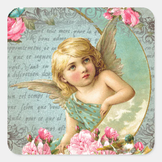 Victorian Angel vintage blue rose pink antique Square Sticker | Zazzle