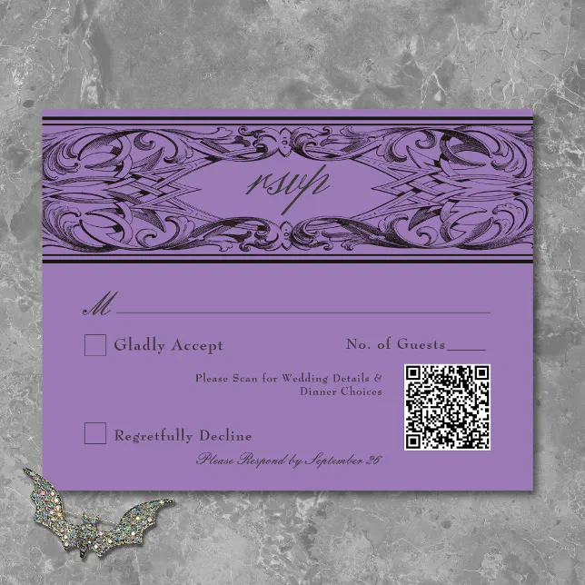 Victorian Bat Until Death Black & Purple Wedding RSVP Card | Zazzle