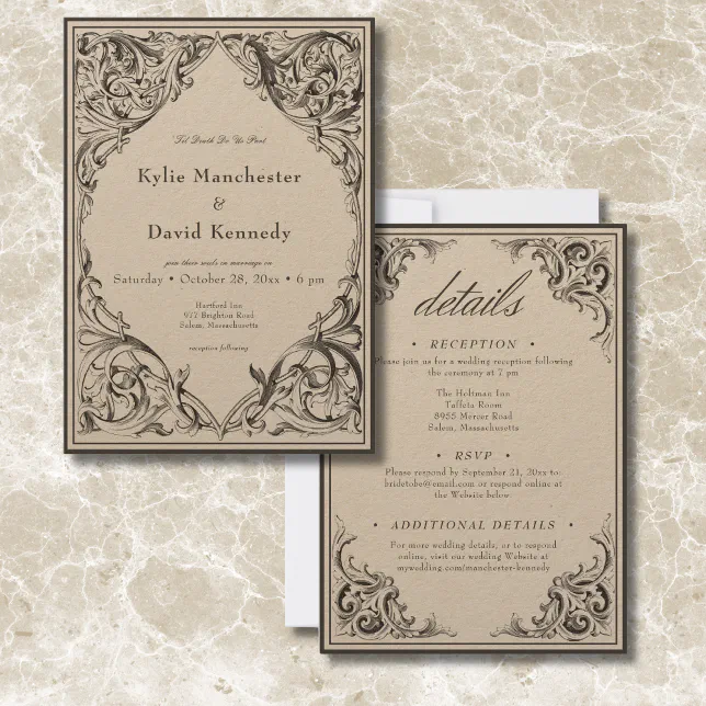 Victorian Bat Until Death Black & Tan Two Sided Invitation | Zazzle