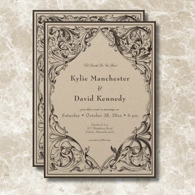 Victorian Bat Until Death Black & Tan Wedding Invitation | Zazzle