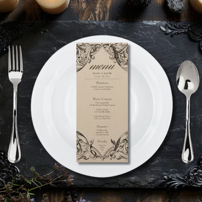 Victorian Bat Until Death Black & Tan Wedding Menu | Zazzle