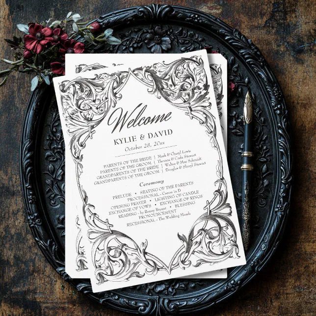 Victorian Bat Until Death Black & White Wedding Program | Zazzle