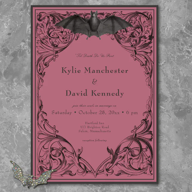 Victorian Bat Until Death Black & Wine Wedding Invitation | Zazzle