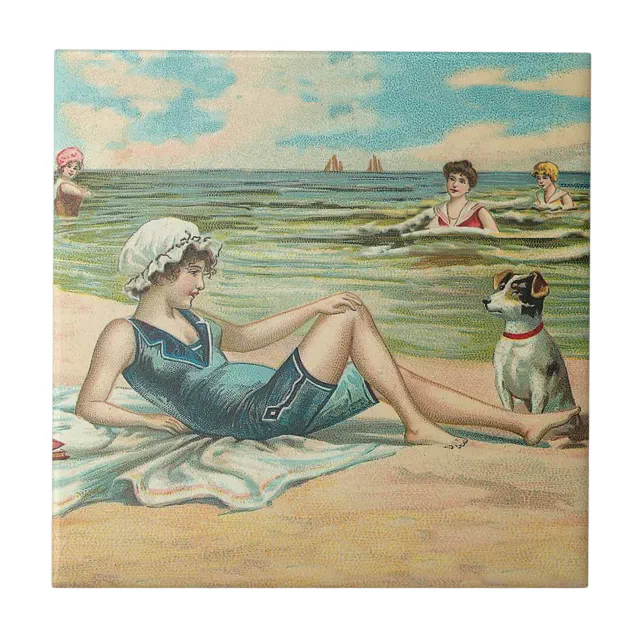 Victorian Beach Swim Girl Ocean Summer Vacation Tile | Zazzle