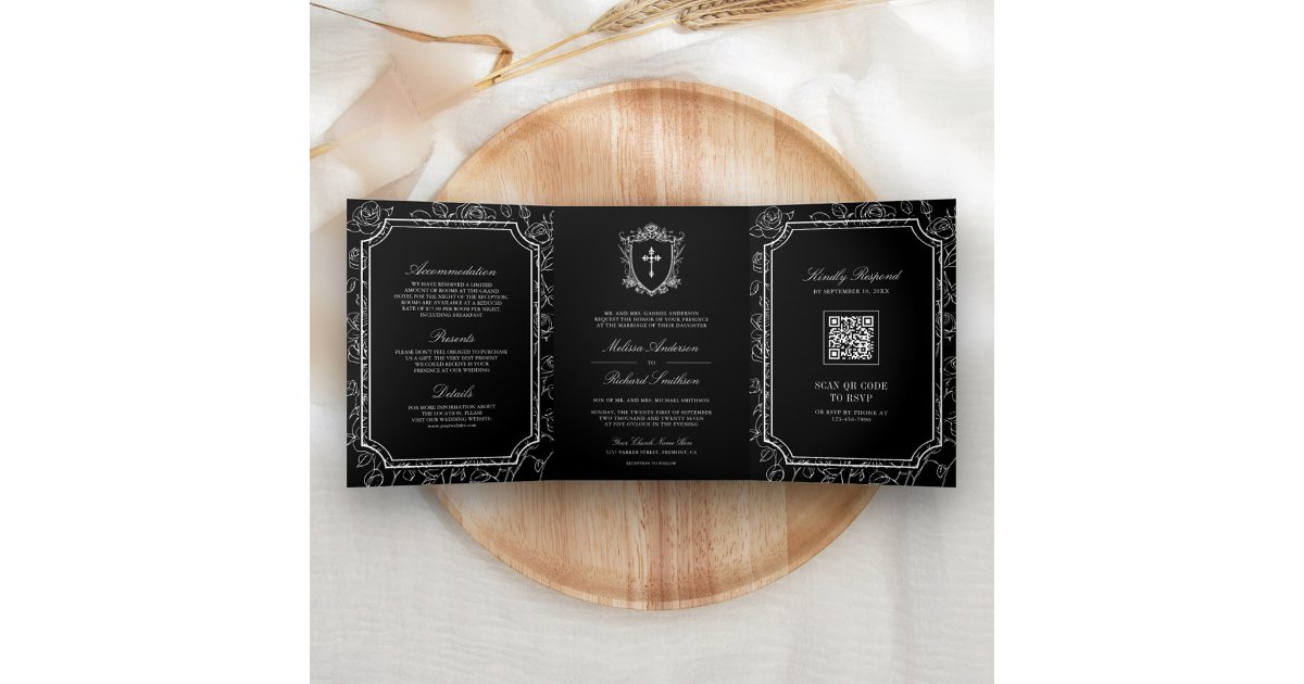 Victorian Black Catholic QR Code Wedding Tri-Fold Invitation | Zazzle