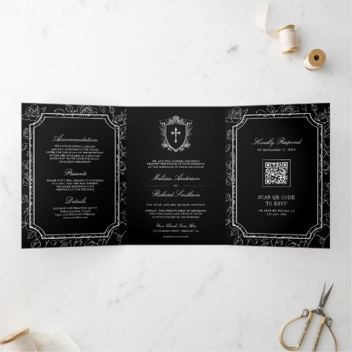 Victorian Black Catholic QR Code Wedding Tri-Fold Invitation | Zazzle