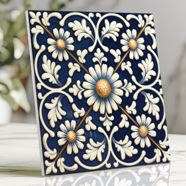 Victorian Blue and Ivory Daisy Pattern Ceramic Tile | Zazzle