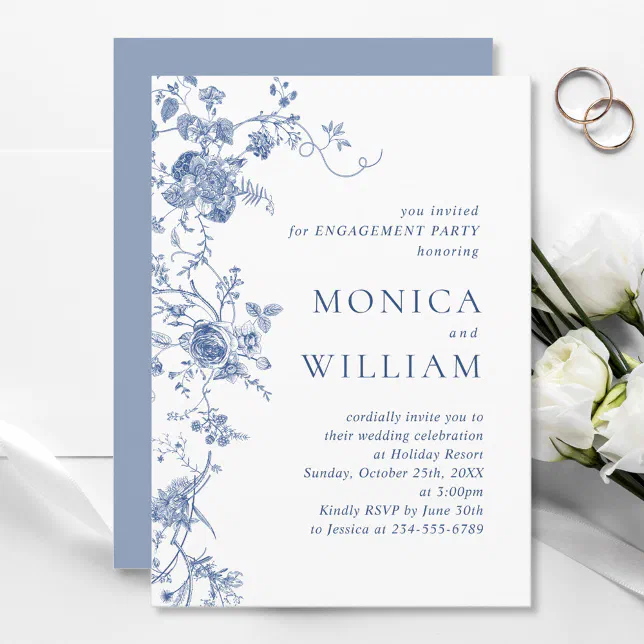 Victorian Blue French Floral ENGAGEMENT PARTY Invitation | Zazzle