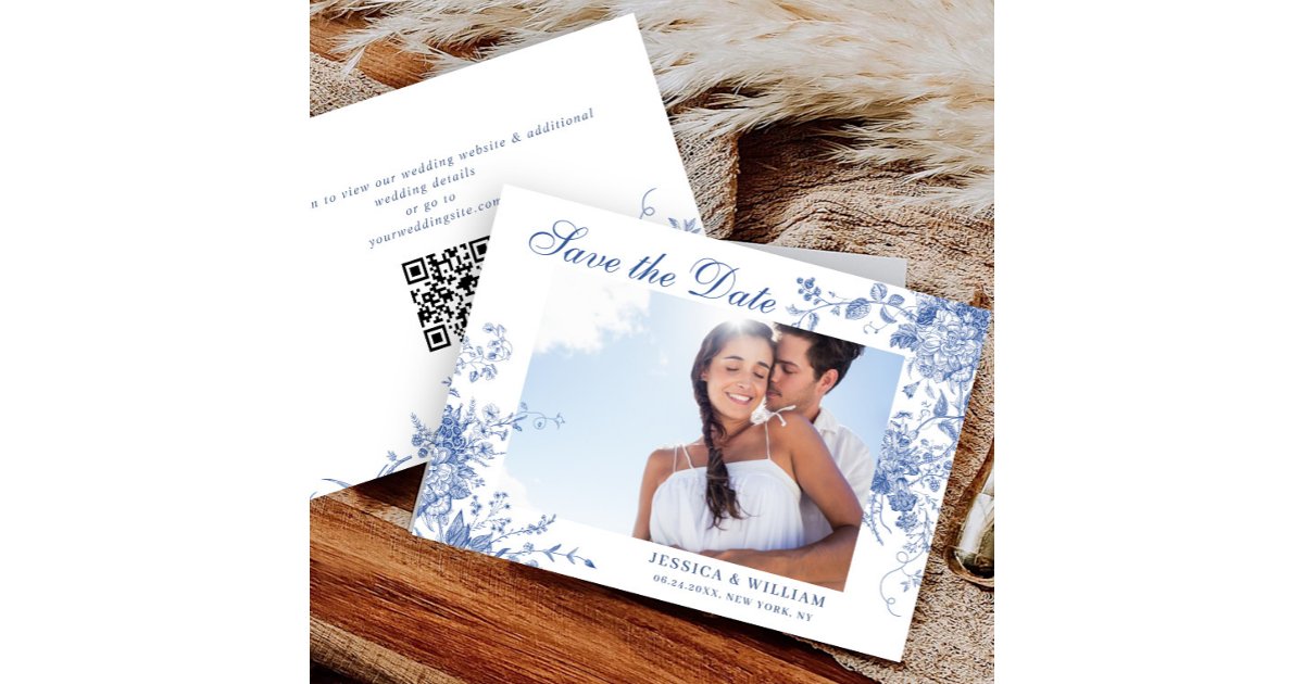 Victorian Blue French Floral Wedding Photo QR code Save The Date | Zazzle