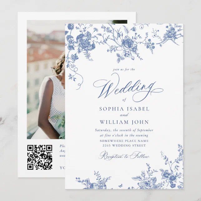 Victorian Blue French Garden QR code Photo Wedding Invitation | Zazzle