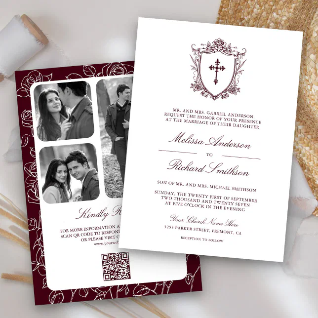 Victorian Burgundy Catholic QR Code Wedding Invitation | Zazzle