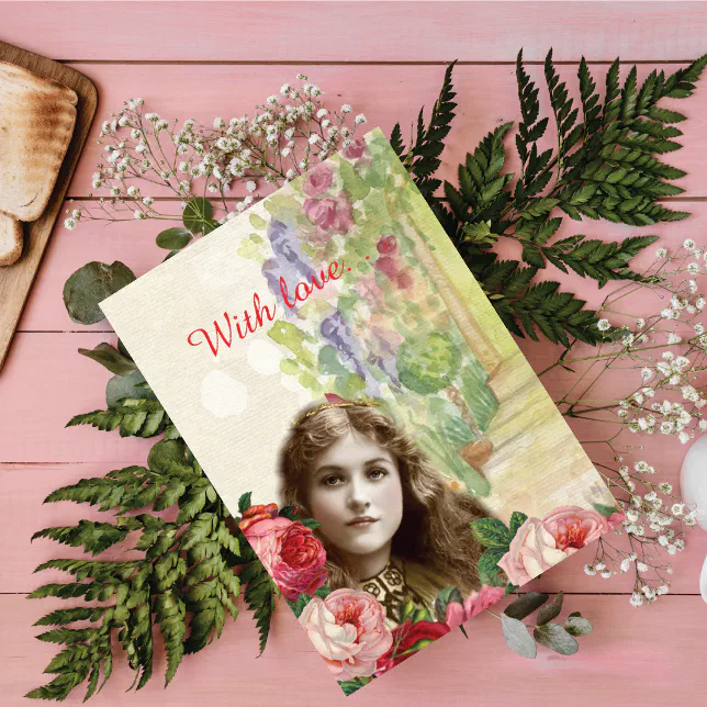 Victorian Cabbage Roses Woman Floral Greeting Card | Zazzle