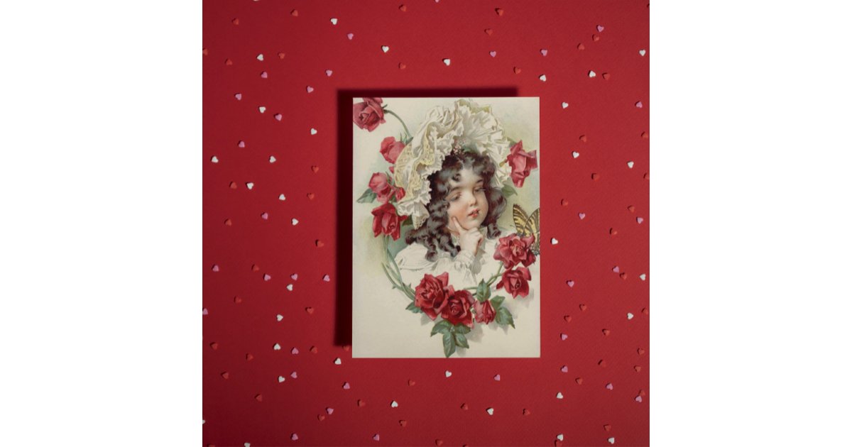 Victorian cutie with red roses postcard | Zazzle