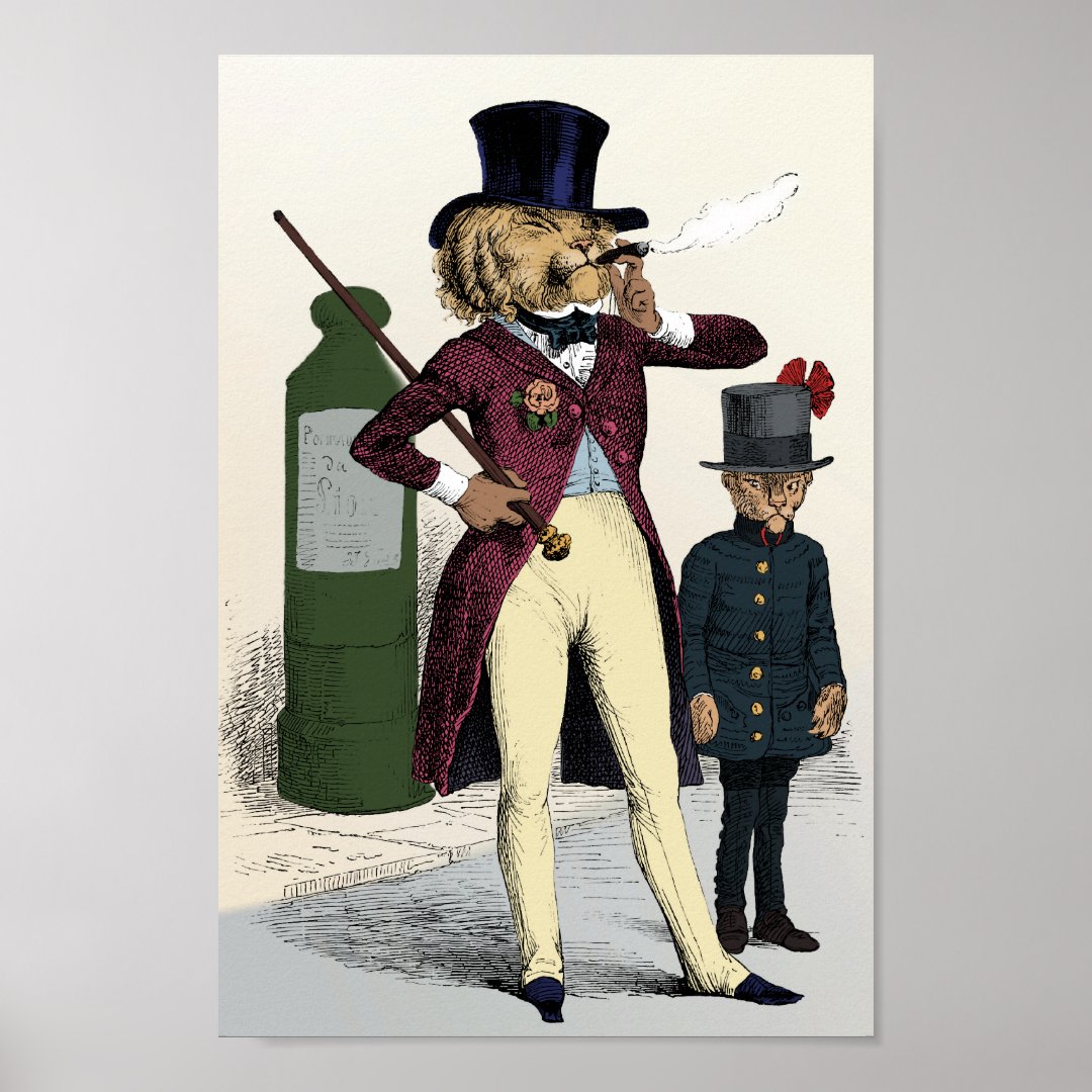 Victorian dandy lion smoking cigar poster | Zazzle
