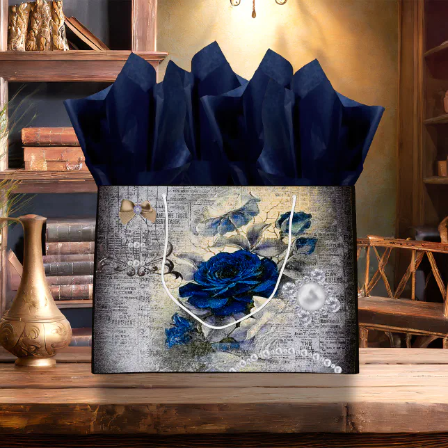 Victorian Dark Blue Rose Ephemera Large Gift Bag | Zazzle