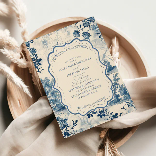 Victorian Dusty Blue French Toile Wedding Invitation | Zazzle