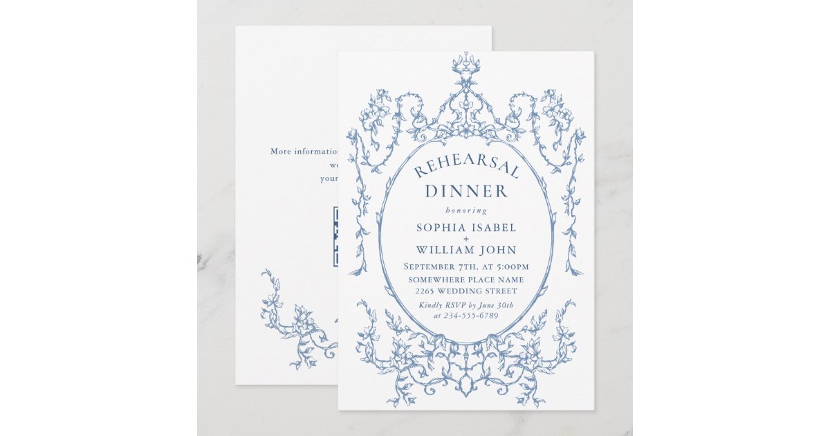 Victorian Dusty Blue Rehearsal Dinner QR code Invitation | Zazzle