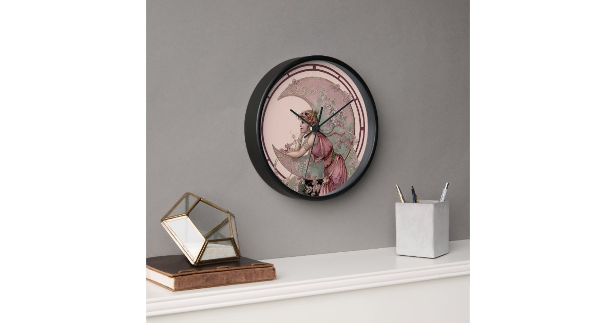 Victorian Era Art Nouveau Woman & Crescent Moon Clock | Zazzle