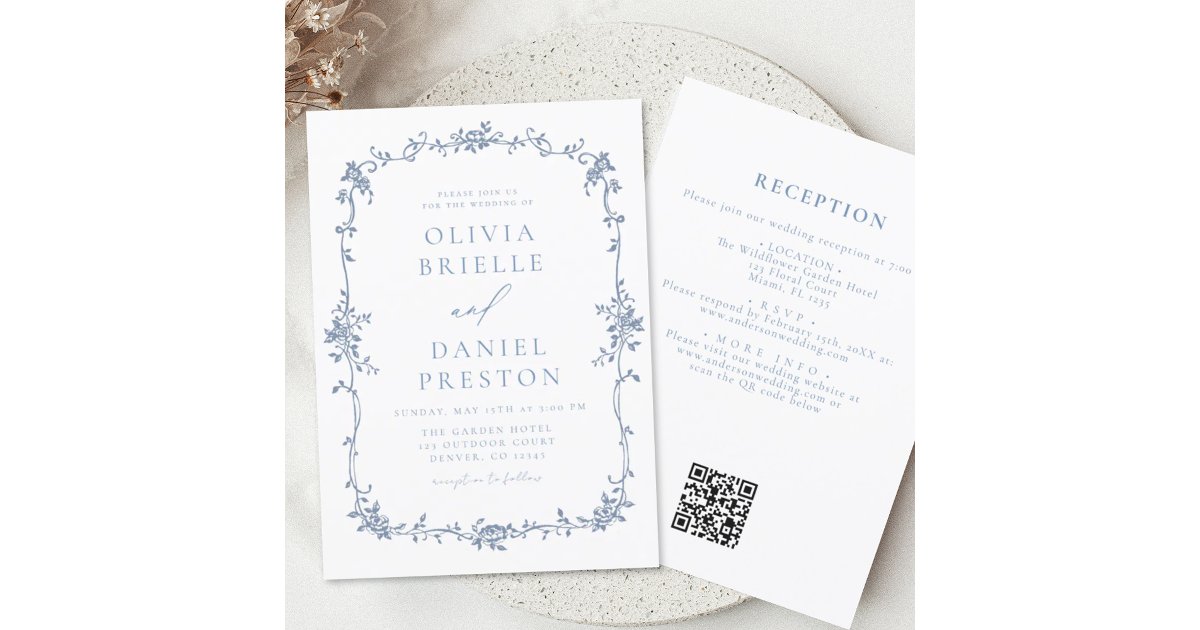 Victorian French QR Code Blue Vintage Wedding Invitation | Zazzle