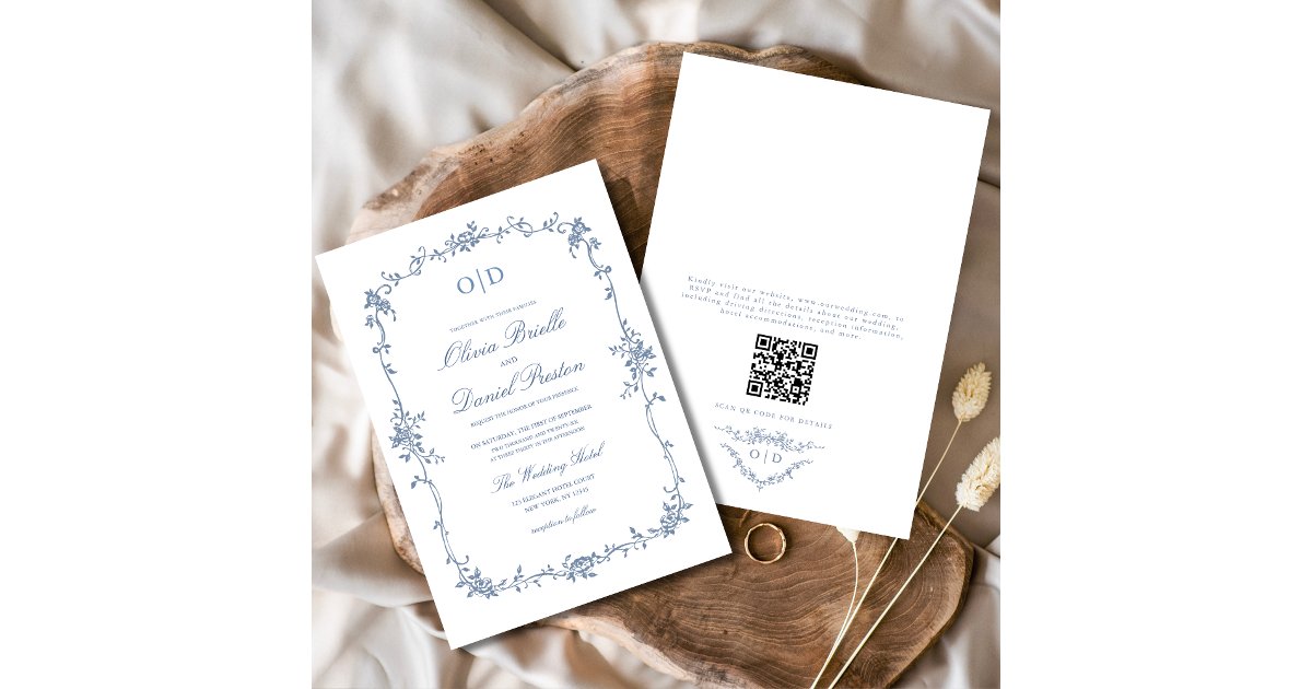 Victorian French QR Code Floral Wedding Monogram Invitation | Zazzle