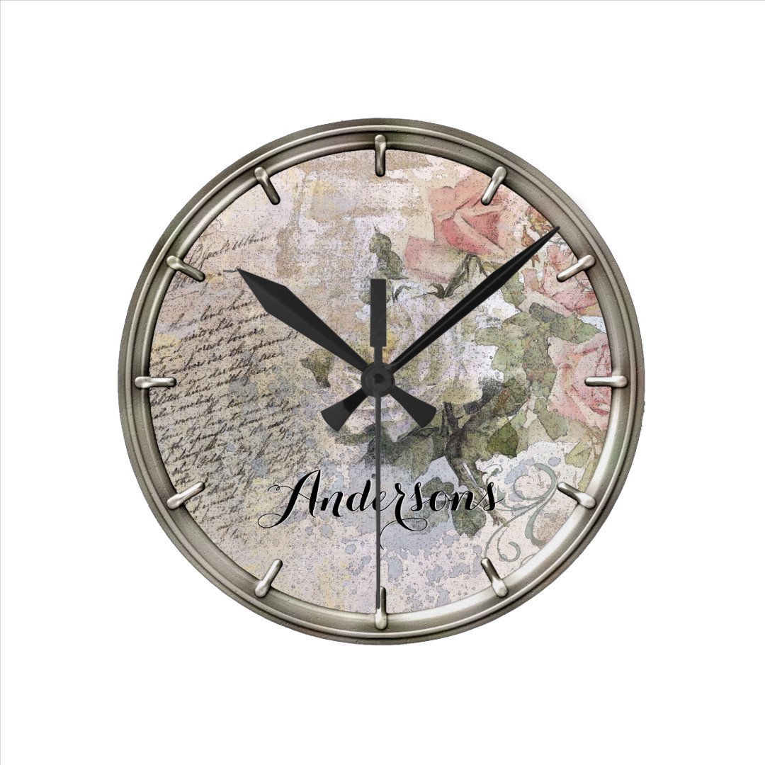 Victorian French Style Floral Old Handwriting Round Clock | Zazzle