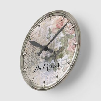 Victorian French Style Floral Old Handwriting Round Clock | Zazzle