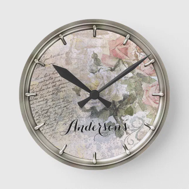 Victorian French Style Floral Old Handwriting Round Clock | Zazzle