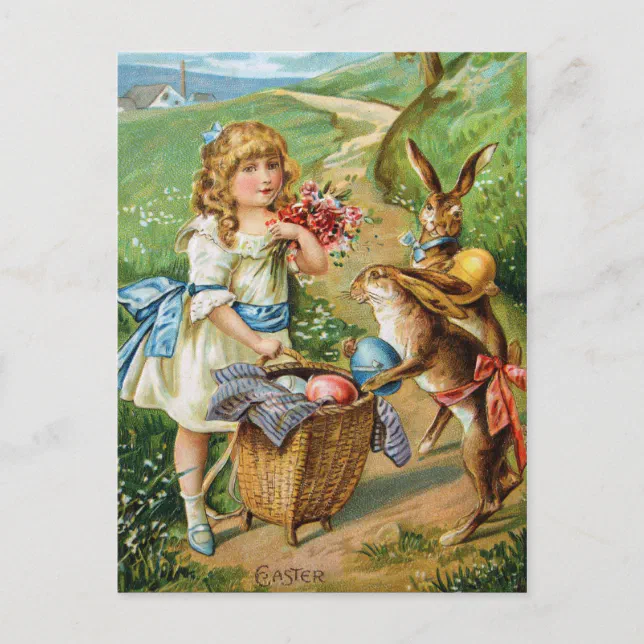 Victorian Girl With Easter Bunnies And Eggs Post Holiday Postcard Zazzle