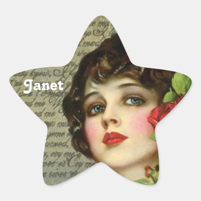 Victorian Glamour Girl w/ Red Rose Star Sticker | Zazzle