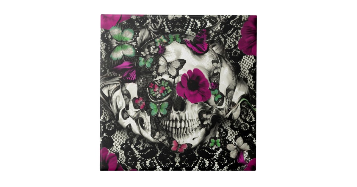 Victorian Gothic Lace Skull With Pink Accents Ceramic Tile Zazzle
