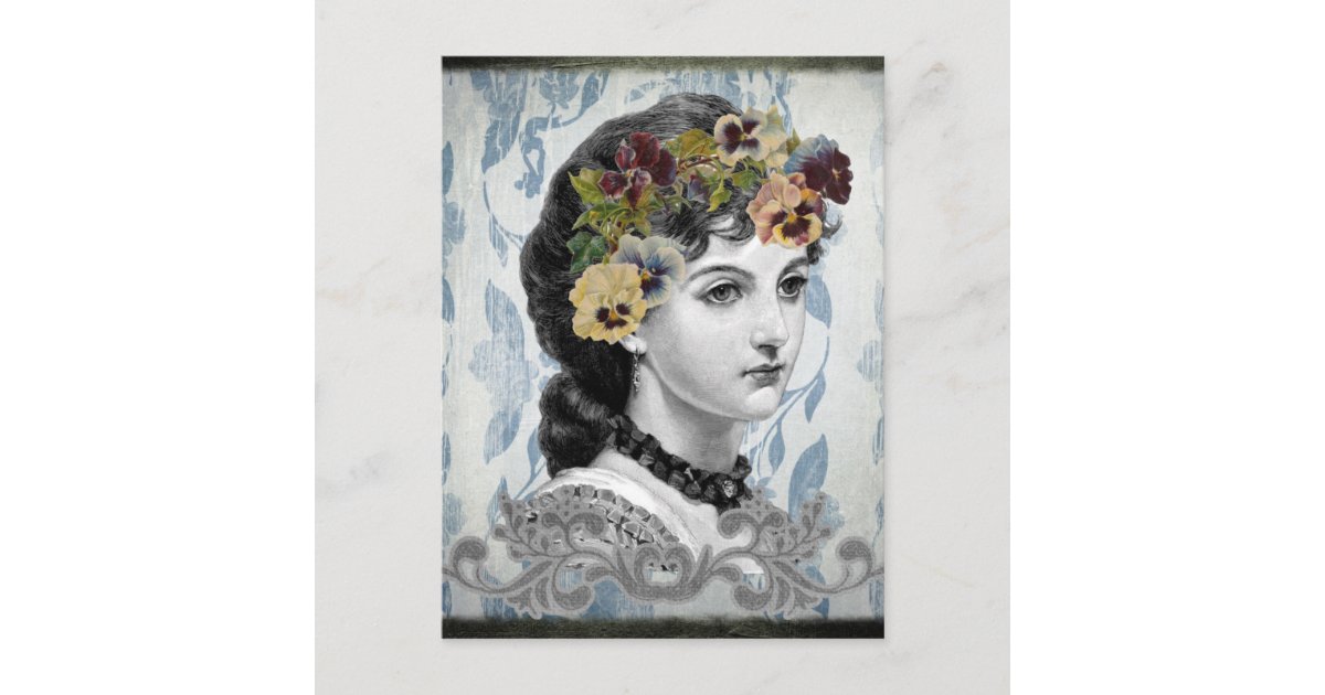 Victorian Lady Woman Pansies on Tapestry Postcard | Zazzle