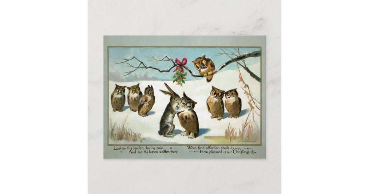 Victorian Mistletoe Animals Christmas Postcard | Zazzle